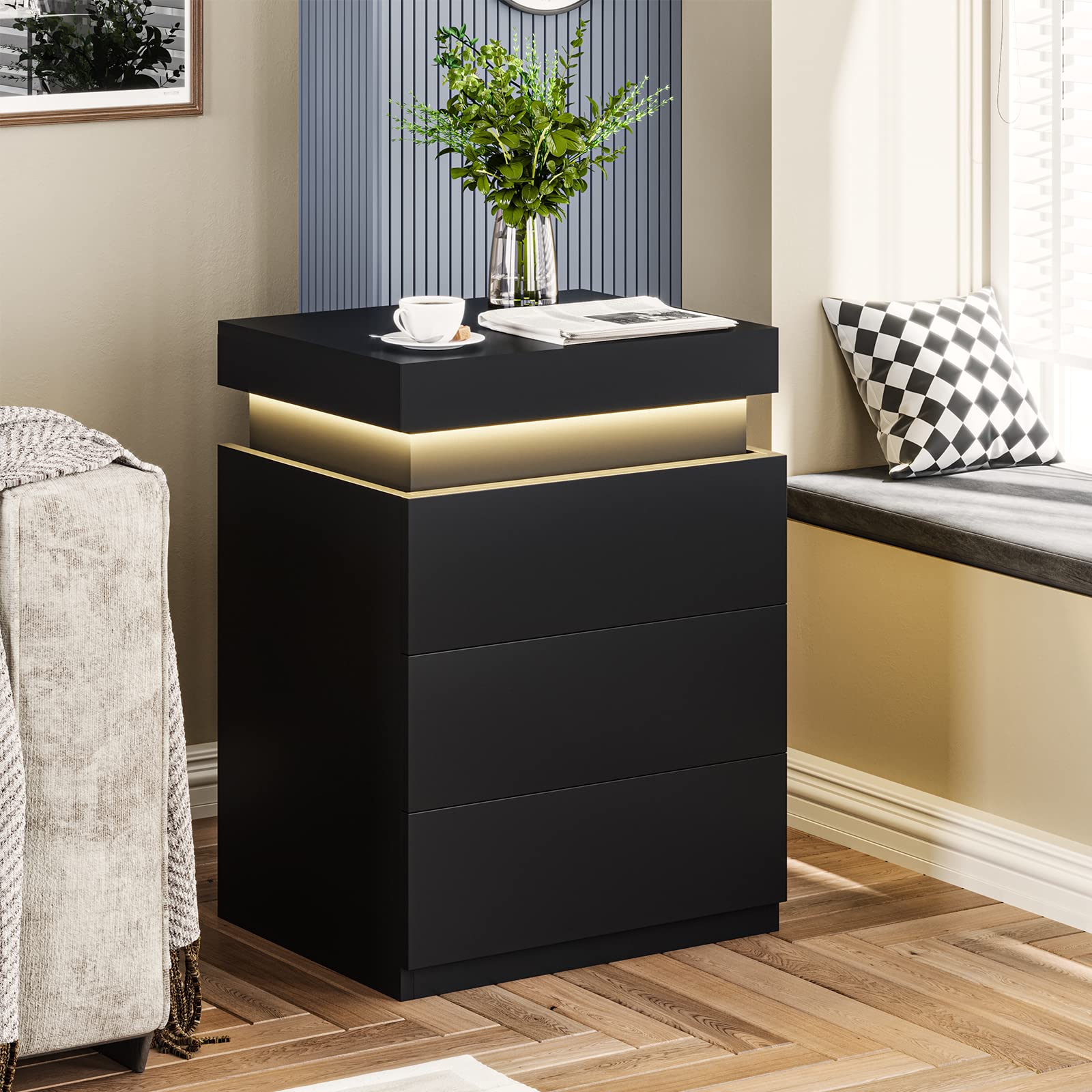 ADORNEVE Nightstand with Charging Station and LED Lights,Night Stand with Sliding Top,Bedside Table with Drawers,Modern End Side Table for Bedroom,Black