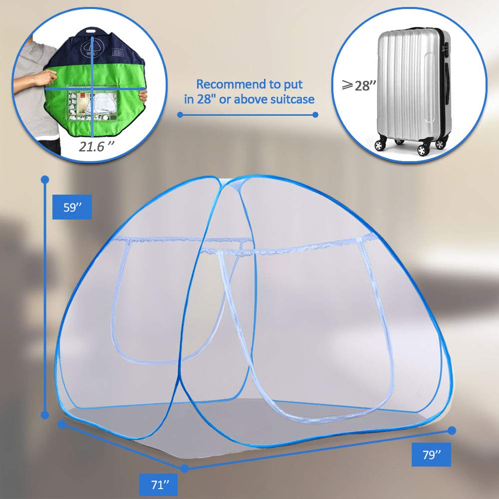 Mintime Pop-Up Mosquito Net Portable Folding Mosquito Net Tent with Bottom Double Doors Bed Tent for Baby Toddlers Adult (King Size, 71"x79"x59") (Blue)
