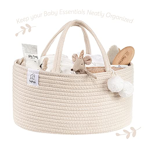 fephas Baby Diaper Caddy Organizer- Beige Rope Nursery Storage Bin- Portable Diaper Storage Basket for Changing Table and Car- Perfect Baby Shower & Registry Gift