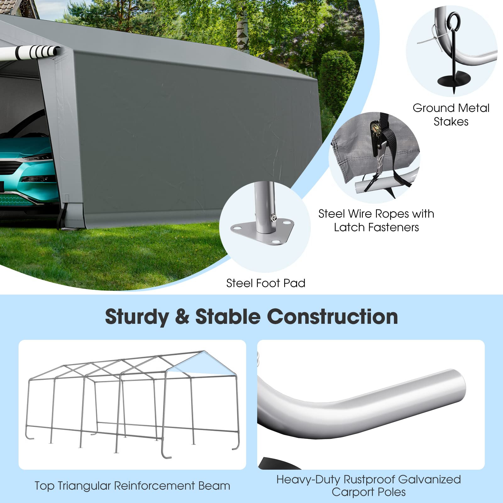 Tangkula 10x20Ft Heavy-Duty Carport, Outdoor Portable Garage with Reinforced Triangular Beams, Galvanized Steel Frame, All-Season Metal Car Canopy with 2 Removable Doors for Car, Truck, SUV, Boat