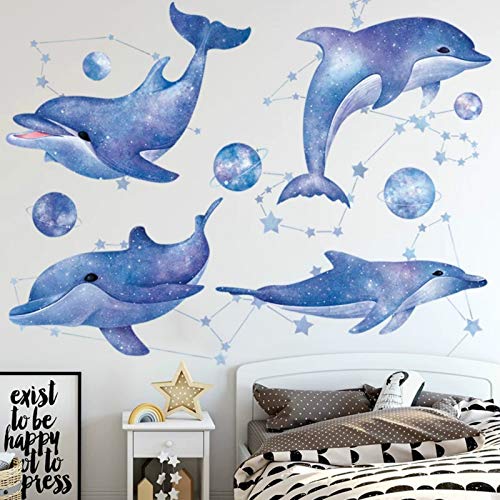 Ocean World Wall Stickers, 3D Blue Dolphin 3D Shark Broken Wall Stickers Tropical Fish DIY Wall Decals Art Decor for Kids Boys Bedroom Playroom (Dark Blue)