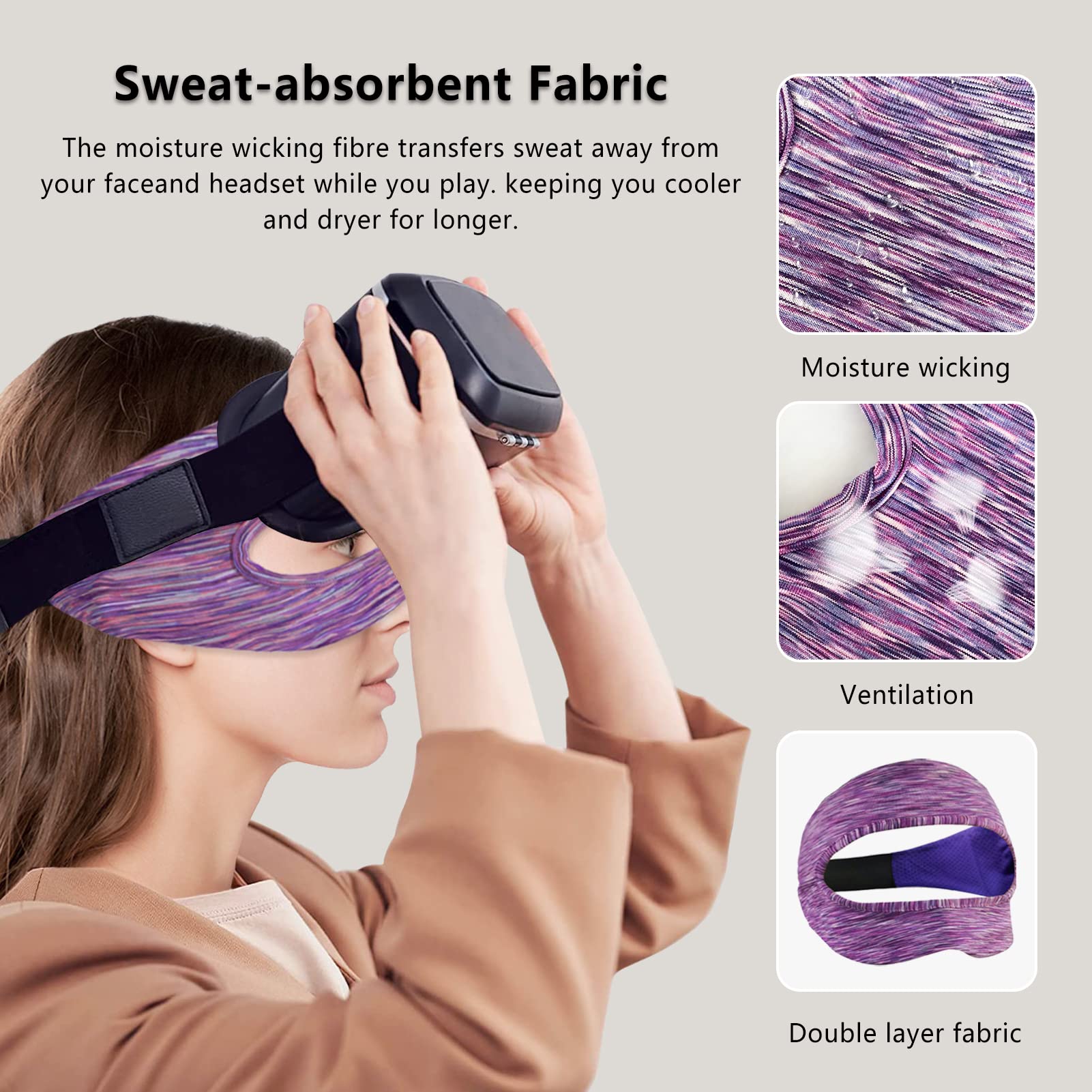 3PCS VR Masks Sweat Band Eye Mask Face Cover Breathable Elastic Sweat Band for Oculus ​Go Quest ​2 Virtual Reality Headsets VR Accessories for VR Workouts Use (Red Blue Purple)