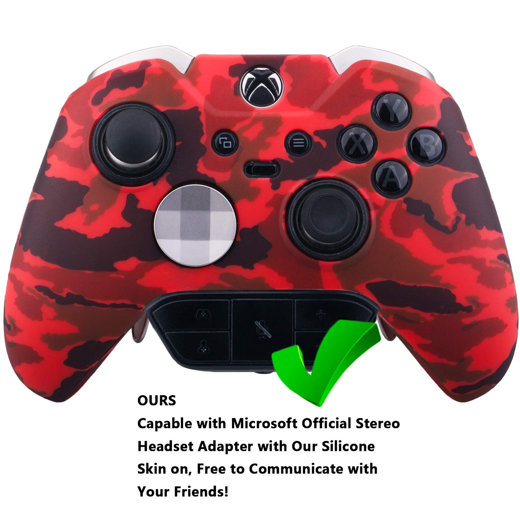 9CDeer 1 x Protective Customize Transfer Print Silicone Cover Skin Red + 6 Thumb Grips Analog Caps for Xbox One Elite Controller Compatible with Official Stereo Headset Adapter