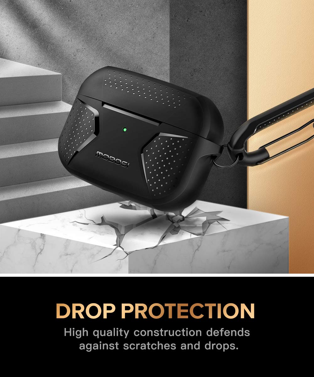 MOBOSI Net Series Silicone Airpods Pro Case Cover for AirPods Pro, Full-Body Rugged Shock Absorbing Protective Carabiner Compatible with Airpod Pro Wireless Charging, Black [Front LED Visible]