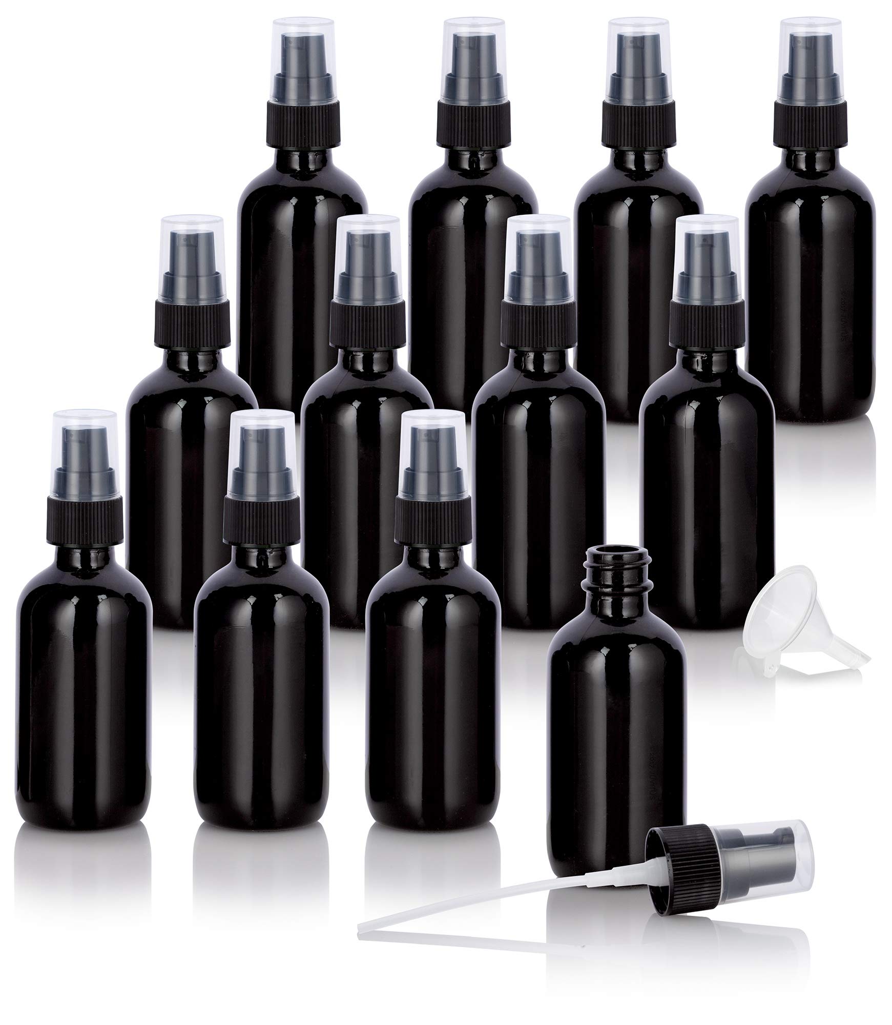 JUVITUS 2 oz Black Glass Luxury Boston Round Bottle with Black Treatment Pump (12 Pack) + Funnel