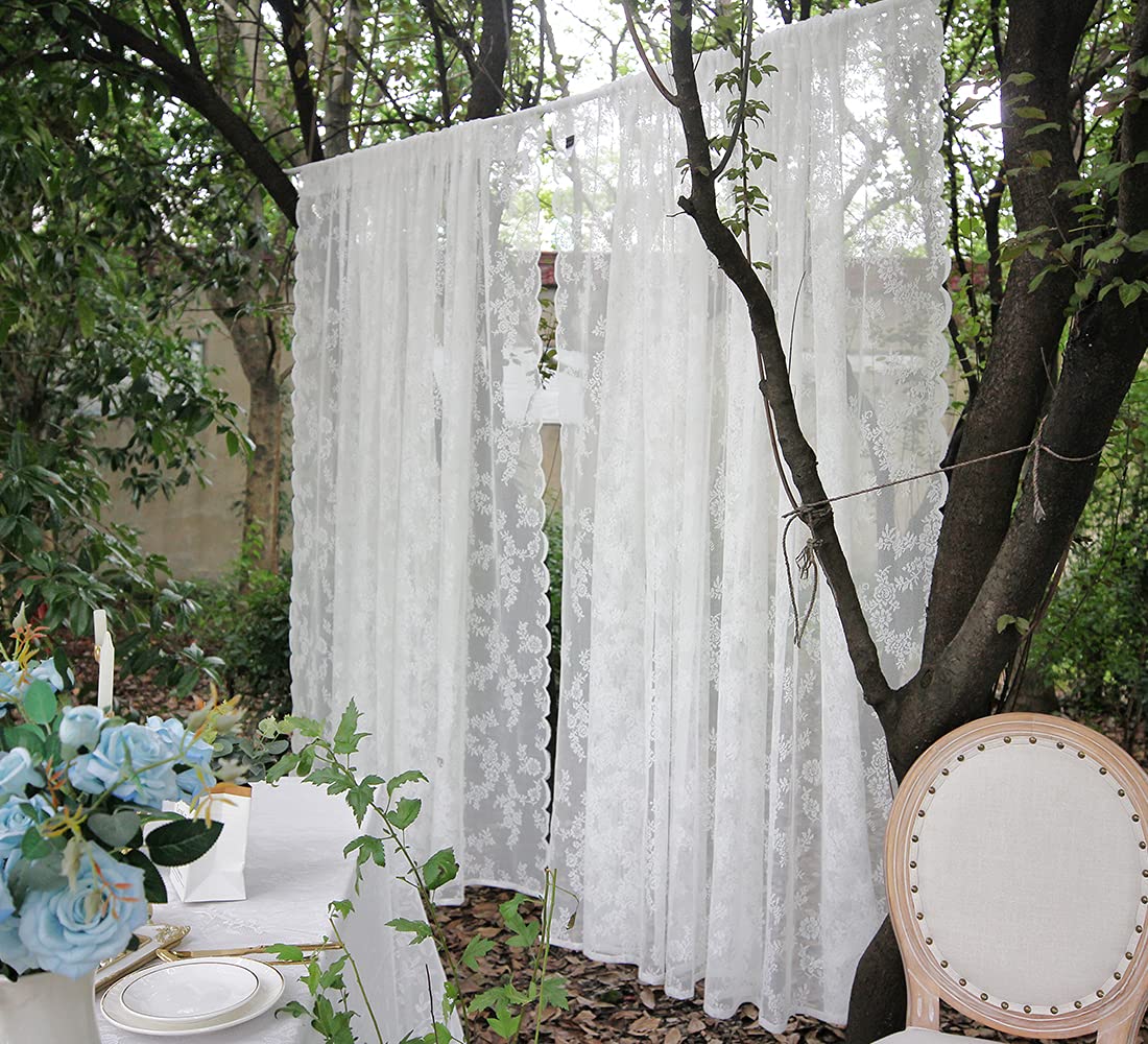 Aspthoyu White Net Curtains 2 Pcs Patterned Voile Curtains Lace Curtain for Windows, Curtain Panels with 2 Ties for Decorate Home Garden Party Wedding, W150cm x H180cm