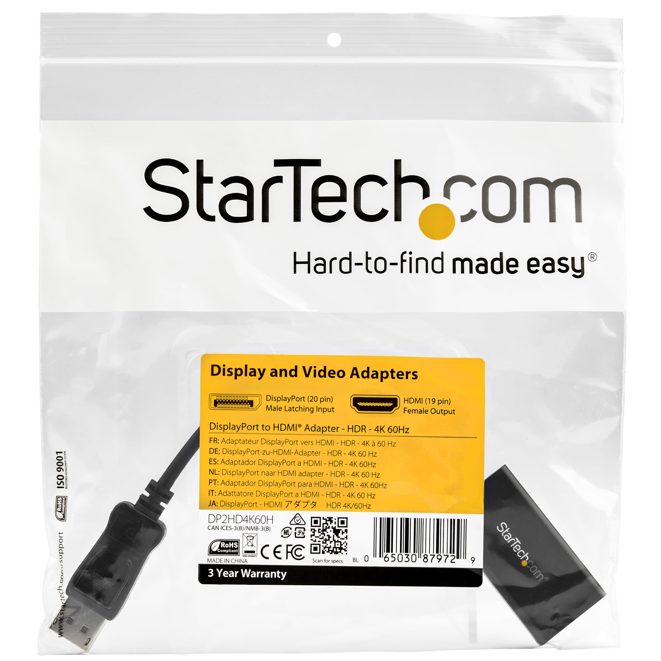 StarTech.com DisplayPort to HDMI Adapter - 4K 60Hz HDR10 Active DisplayPort 1.4 to HDMI 2.0b Video Converter - 4K DP to HDMI Adapter Dongle for Monitor/Display/TV - Latching DP Connector (DP2HD4K60H)