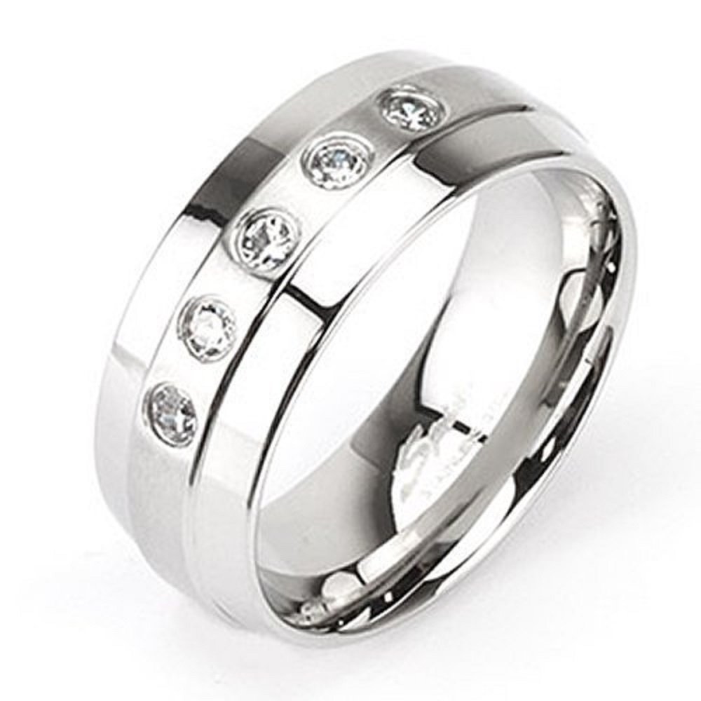 6mm Wide 316L Stainless Steel Ring 5 clear CZ gem Band (9)