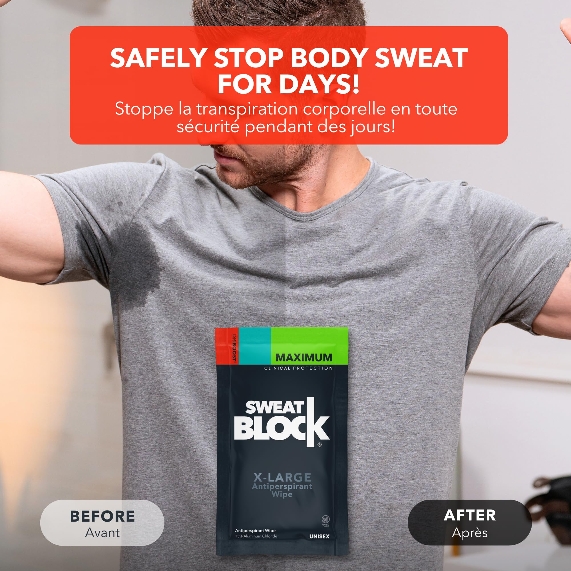 SweatBlock Antiperspirant Body Wipes | Clinical Strength | All-Day Sweat Protection for Body, Hands, Feet & Underarms | Hyperhidrosis Treatment for Men & Women | XL, Unscented, 10-Pack
