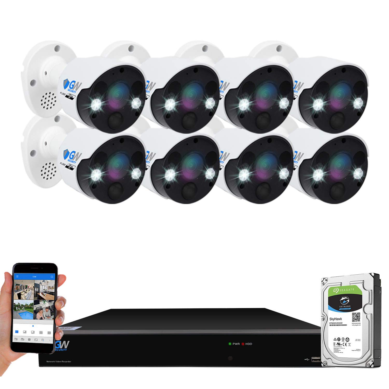 GW Security 8 Channel 8 Megapixel AI Recognition/Person/Vehicle Detection 4K Security Camera System, 8 UHD 2160P 4K 2-Way Audio Floodlight Color Night Vision IP PoE Bullet Cameras