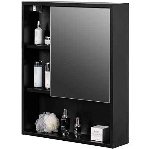 Basicwise Wall Mount Mirrored Cabinet with Open Shelf | 2 Adjustable Shelves Medicine Organizer Storage Furniture for Bathrooms, Kitchens, and Laundry Room, Black