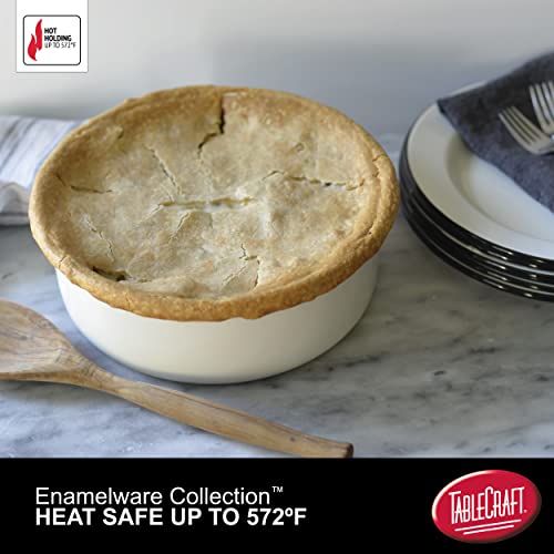 Tablecraft Enamelware Collection Black Rim Solid White Enamel Deep Bowl Baking Pan, Camping, Farmhouse, Home & Restaurant, Porcelain over Steel, Vintage, Boho, Retro, 10.13" Round, 3.6" Deep
