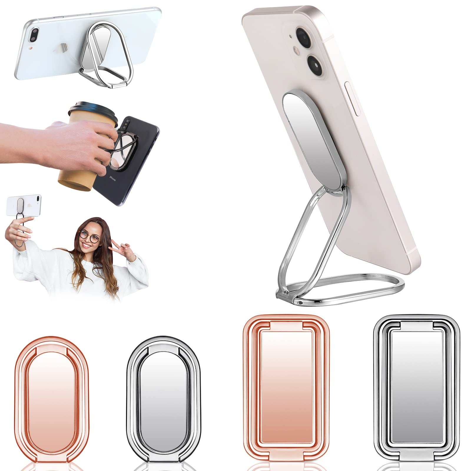 4 Pieces Phone Ring Holder Finger Kickstand 360° Rotation 180° Flip Foldable Retractable Magnetic Cellphone Back Grip for Car Phone Compatible with Most Smartphones Tablets (Rose Gold, Silver)