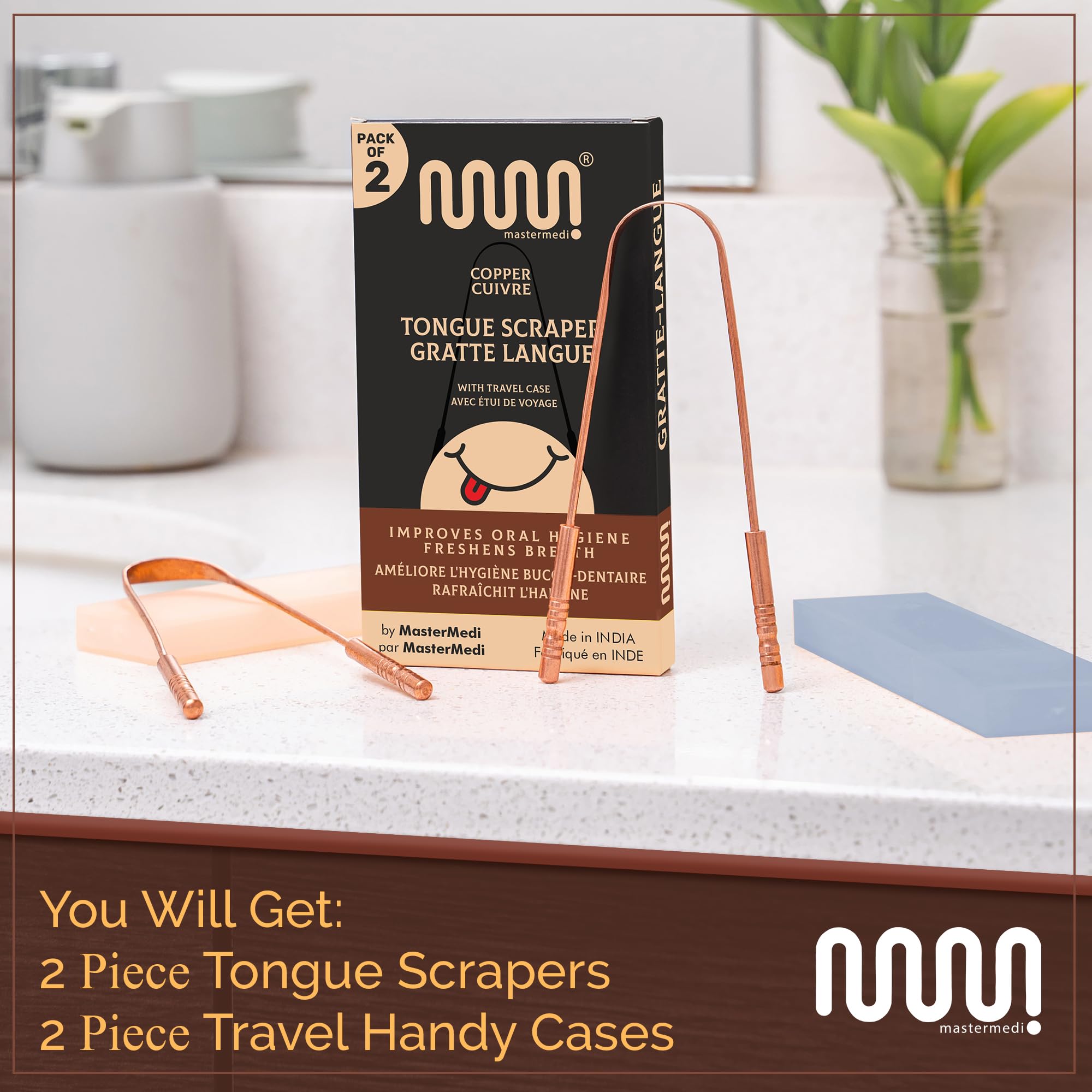 MasterMedi Tongue Scraper with Case Easy to Use Tongue Scraper for Adults, Tongue Cleaner for Oral Care & Hygiene (Copper Set of 2 (with Travel Case))