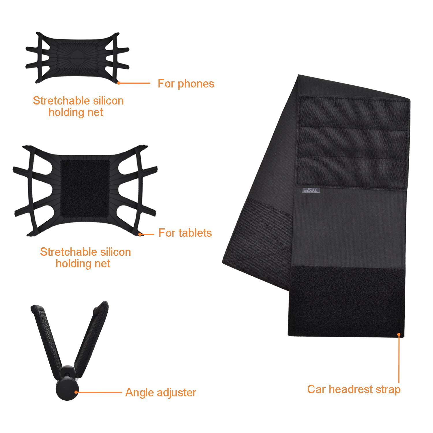 TFY Car Headrest Mount for 7-10 inch Fire, Fire HD, Kids Edition Tablets, Angle Adjustable Holder with Silicon Holding Net