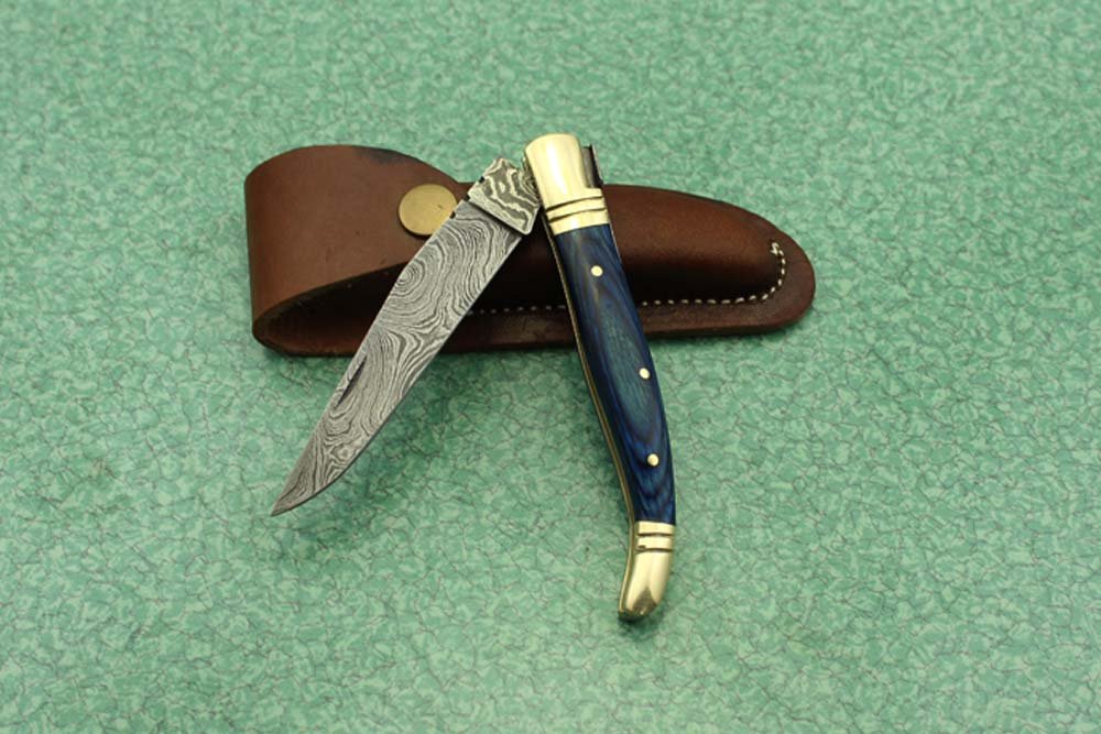 5 Pieces Laguiole Folding Damascus Steel Knife, Red, Blue, White, Black & Brown 5 Scale Colors with Brass Bolster. Cow Hide Leather Sheath Included