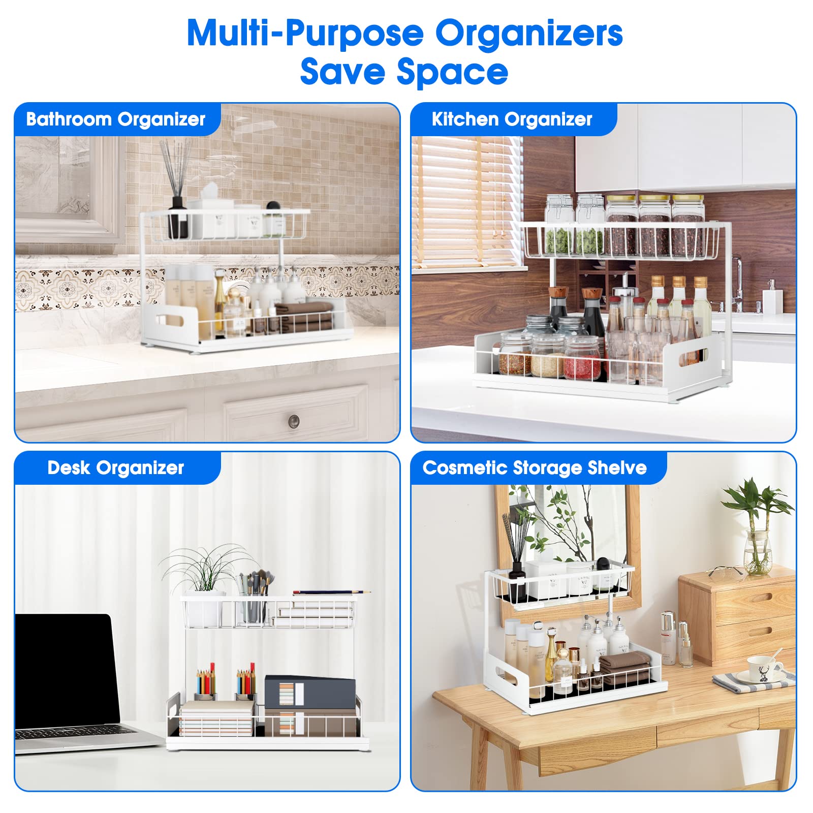 UINOFLE 2 Pack Under Sink Organizers and Storage, 2 Tier Sliding Cabinet Basket Organizer Drawer Pull Out Cabinet Organizer Multi-Purpose Under Sink Organizer for Bathroom Kitchen (White)