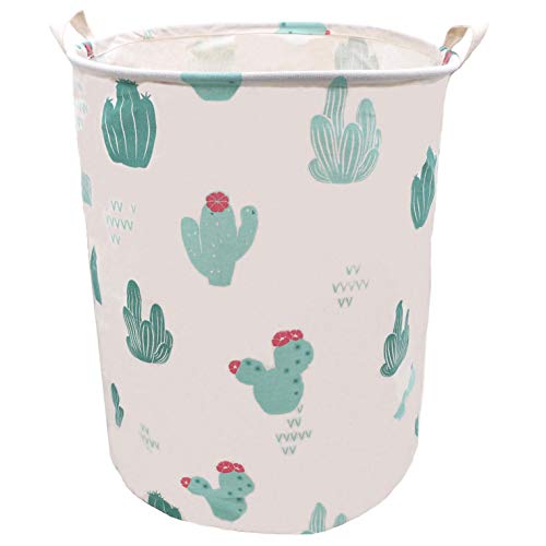 Large Storage Bins 19.7x15.7 Inch, ZUEXT Waterproof Foldable Cotton Canvas Fabric Storage Bin, Collapsible Round Clothes Laundry Hamper w/Leather Handles, Cactus Storage Basket, Toy Books Holder
