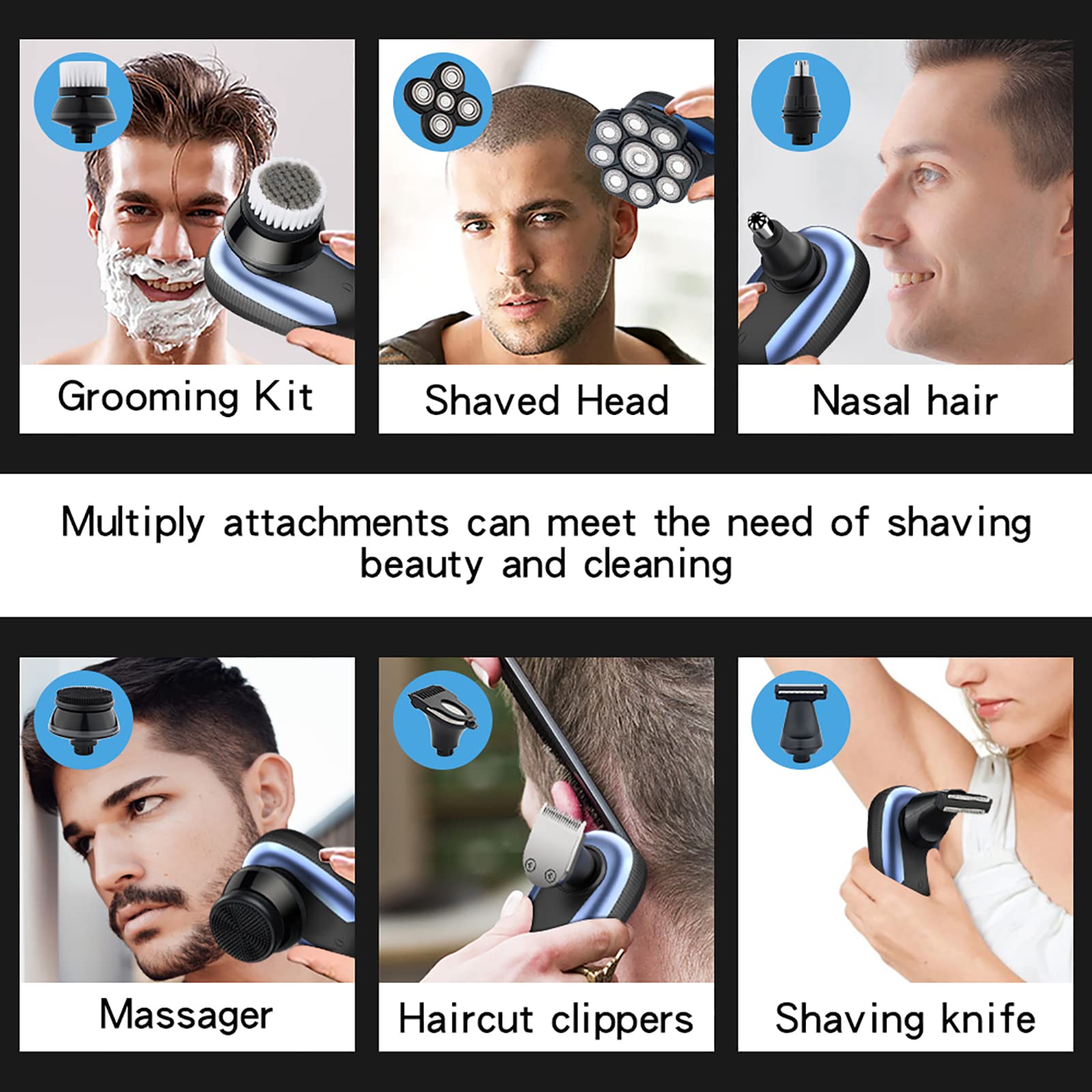 9D Head Shavers for Bald Men, 6-in-1 Electric Bald Head Shavers for Men, Cordless Beard Shavers, Waterproof Wet/Dry Mens Grooming Kit, USB Rechargeable
