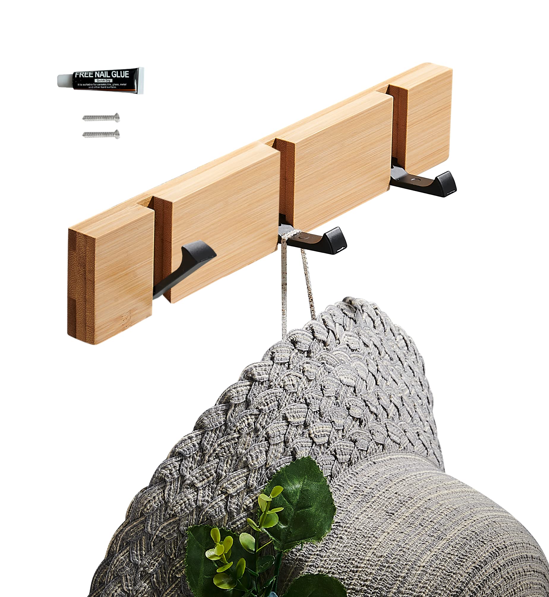 Wooden Coat Hooks, Coat Rack Wall Mounted with 3 Folding Hooks Hat Rack Modern Wall Floating Coat Hook Rack Adhesive & Wall Mounted, Coat Hiden Hooks for Coats, Hats, Scarves, Key Rack Towel Rack