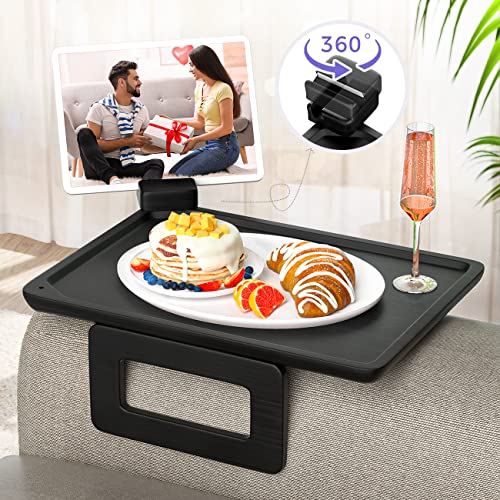 Bamboo Sofa Arm Tray Table Clip for Couches Arm, Multi-Function Side Couch Arm Tray with 360° Rotating Phone Holder, Suitable for Home Drinks/Remote/Snacks/Fast Food Et (Black)