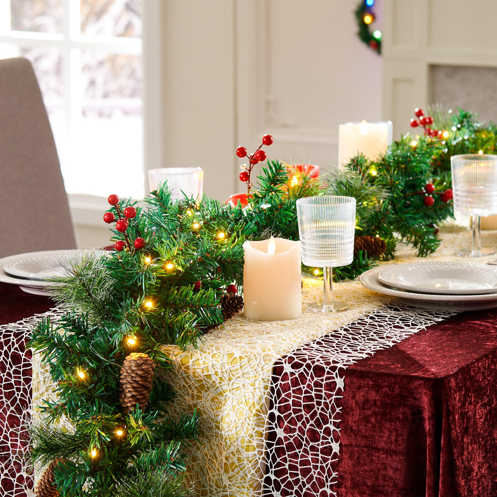 9FT Christmas Garland Decoration with 50 Warm Led Lights,Pre-Lit Lighted Christmas Garland Decorated with Pine Cones for Xmas Stairs Fireplaces