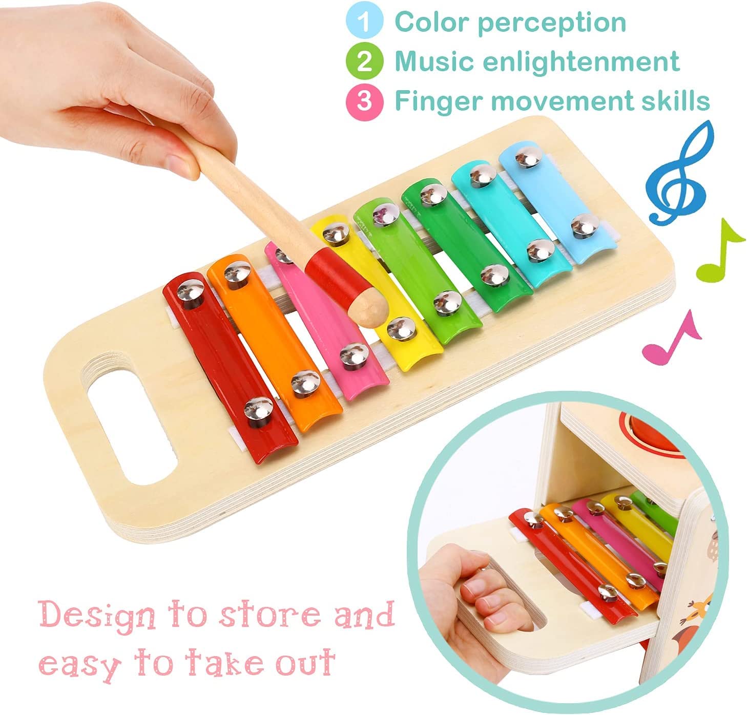 TOOKYLAND Pound a Ball Toy - 7pcs - Wooden Pounding and Hammering Bench with Xylophone; Educational Ball Drop Tap Game for Toddlers 1 Year Old +