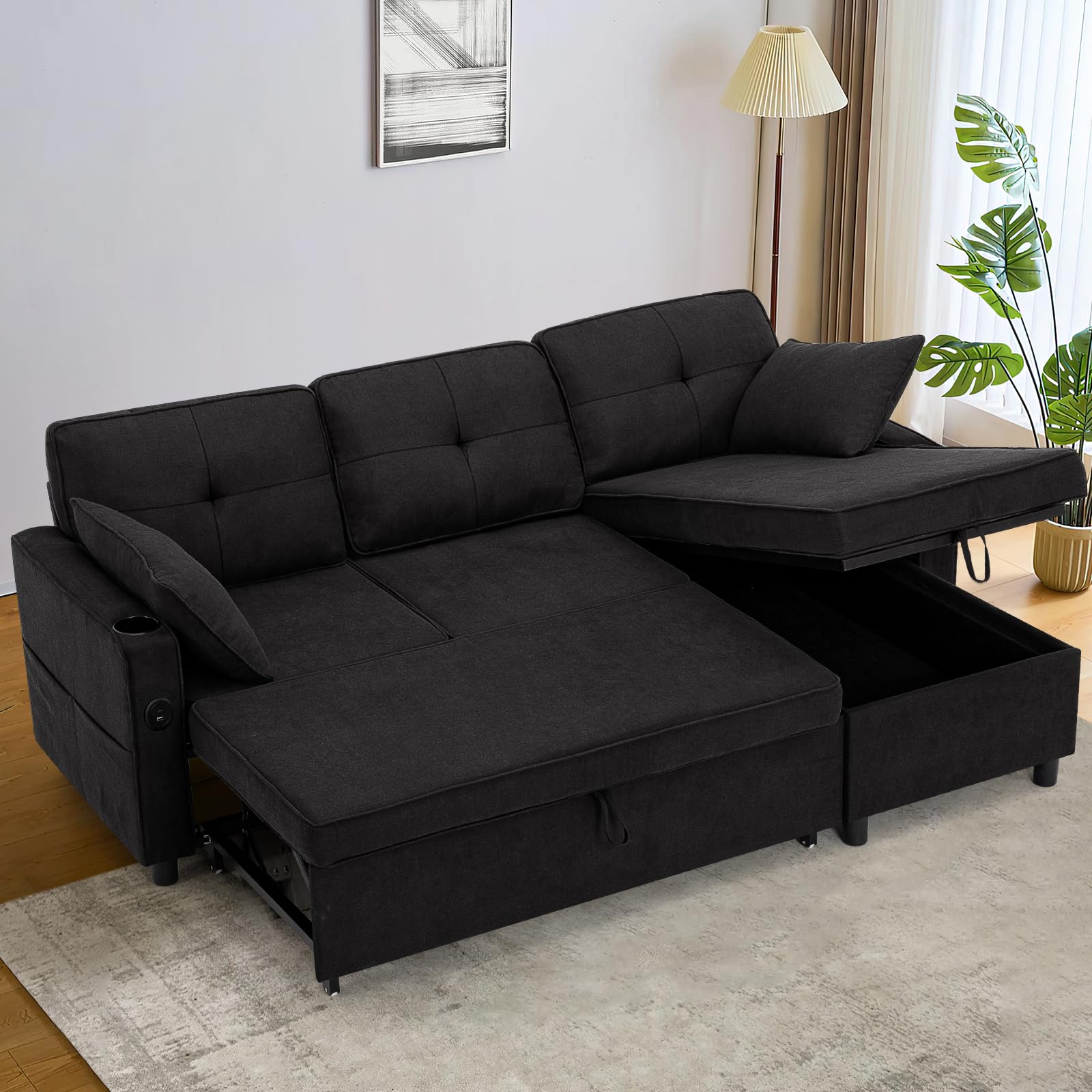 ACMEASE 84" L-Shaped Pull Out Sofa Bed w/Storage Chaise, Tufted Sectional Sofa w/USB Port, Chenille Sleeper Couch w/Cup Holders for Living Room, Orange
