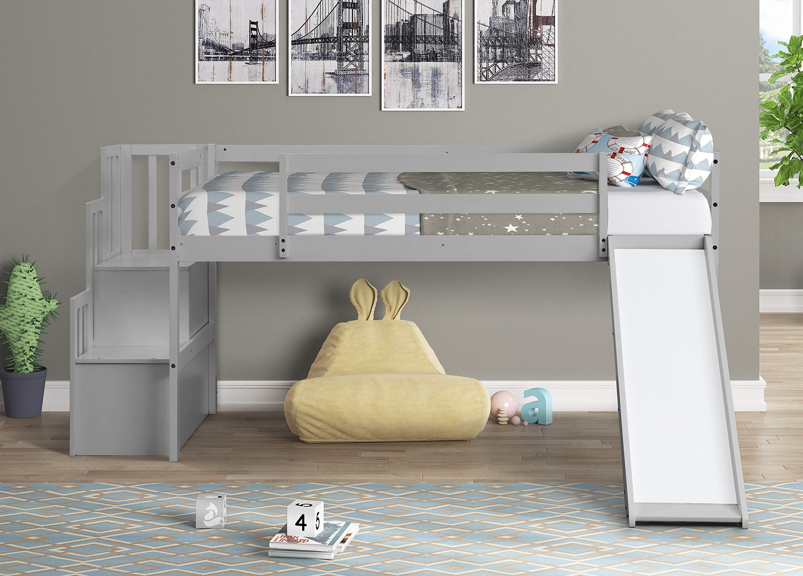 Harper & Bright Designs Twin Loft Bed with Slide and Stairs, Solid Wood Kids Loft Bed with Full-Length Safety Guardrails, for Girls Boys – Gray