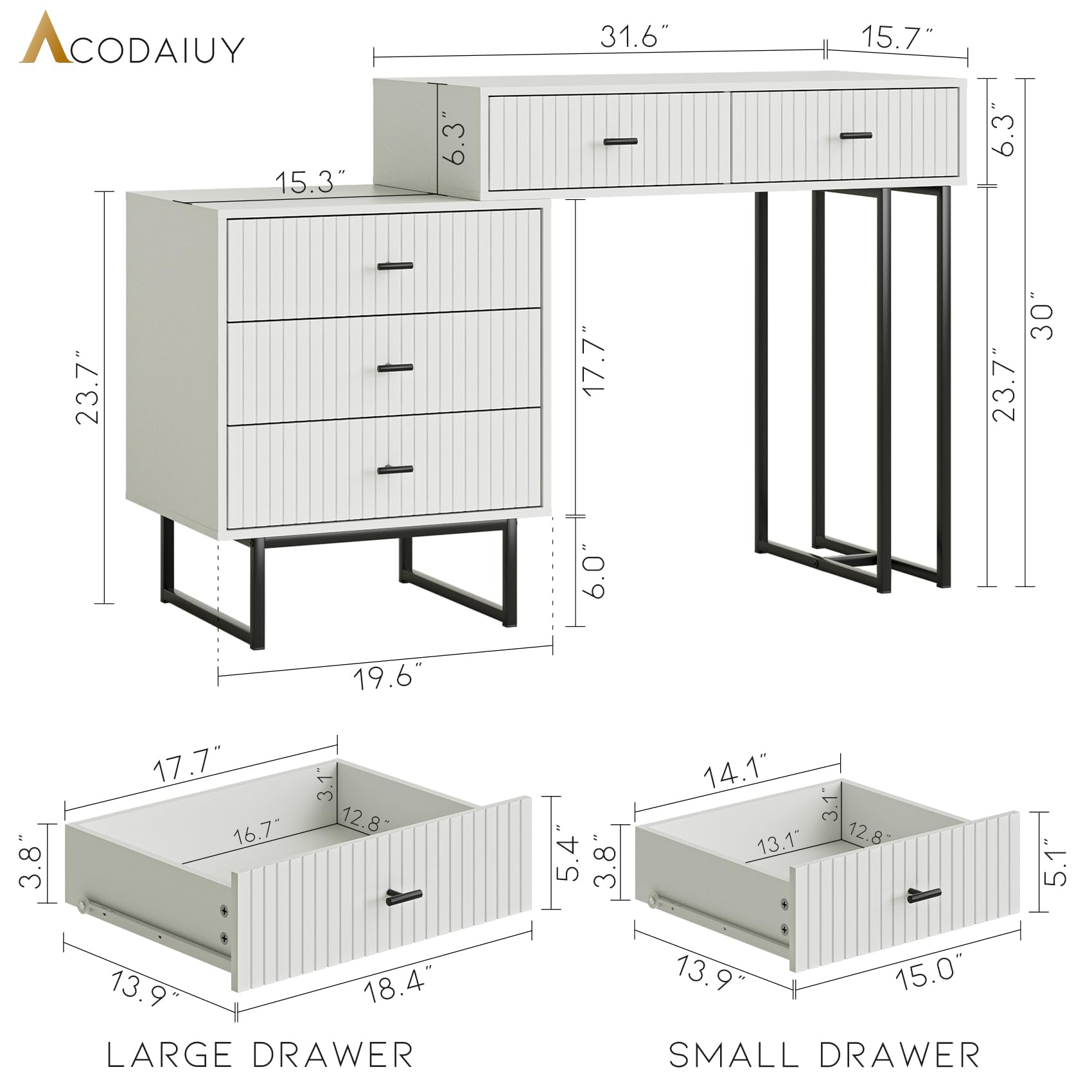 Acodaiuy Vanity Desk, Makeup Vanity Desk Black Without Mirrors or Lights Vanity Table Modern Makeup Table with Adjustable Cabinet and 5 Large Drawers, Dressing Table for Bedroom,Makeup Room, White