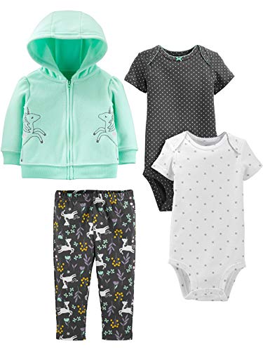 Simple Joys by Carter's Baby Girls' 4-Piece Jacket, Pant, and Bodysuit Set, Black Dots/Mint Green Unicorn/White Snowflake/Floral, 18 Months