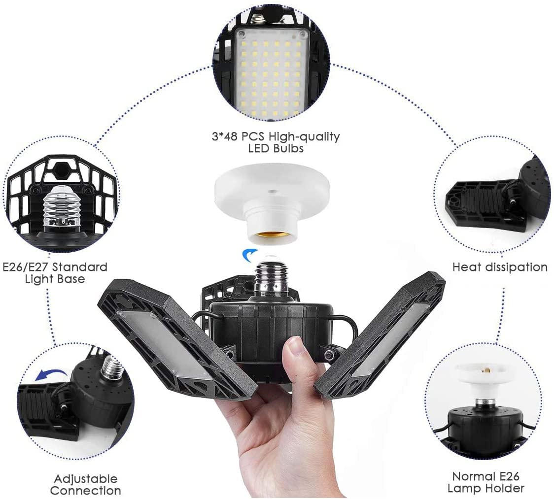 KONPWAY Deformable LED Garage Light - 6000 Lumen 2800K Warm Light 60W, Three Leaf Garage Organization Ceiling Lighting 2-Pack