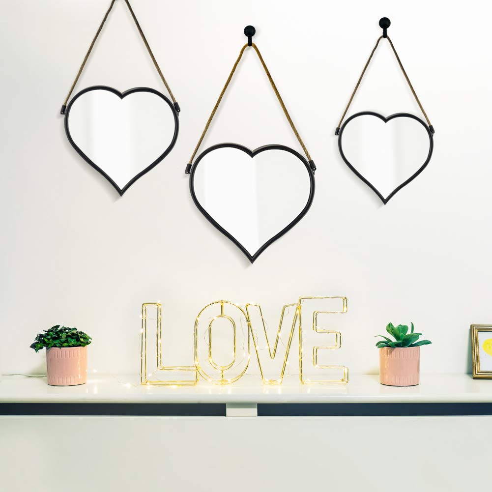 Urban Deco 3 Pieces Heart Shaped Mirror for Wall, Hanging Black Glass Mirror Sets Decoration for Bedroom Living Room Bathroom