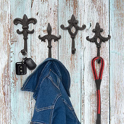 gasare, Decorative Hooks, Key Holder for Wall, Cast Iron Hooks, Fleur De Lis Décor, Wall Mount Screws and Anchors, 5 x 3¼ Inches Each, Brown, 4 Units