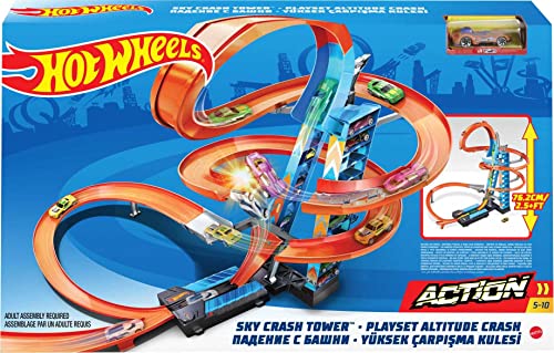 Hot Wheels Toy Car Track Set Sky Crash Tower, More Than 2.5-Ft Tall with Motorized Booster, 1:64 Scale Toy Car