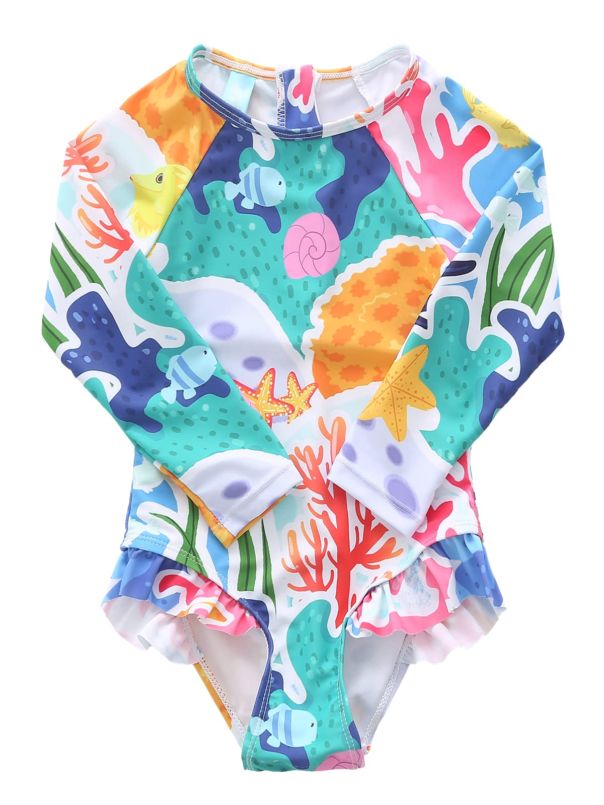 Baby Girls One Piece Swimsuits Long Sleeve Rash Guard Swimshirts Kids Sun Protection Bathing Suits 24 Months Ocean Reefs