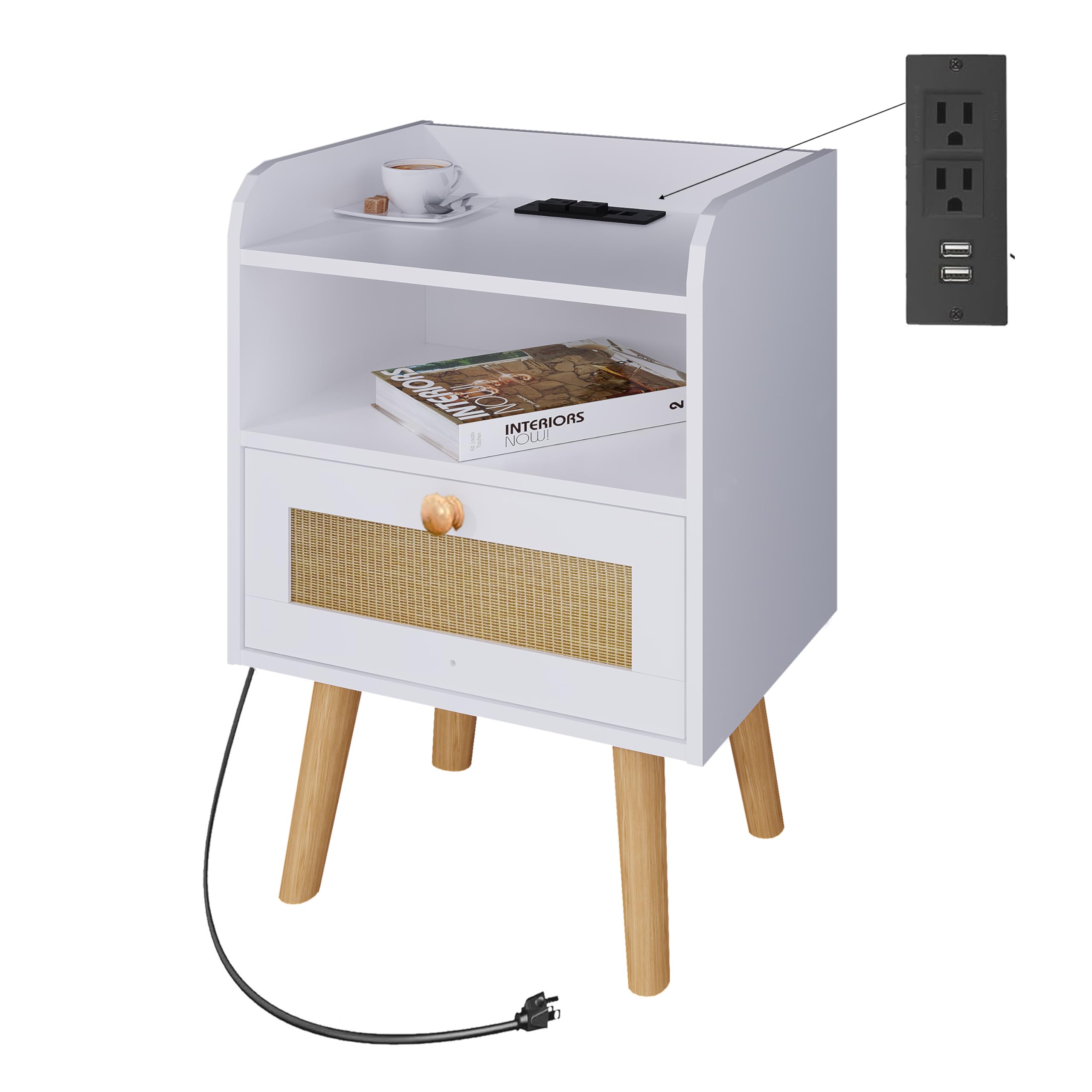 Gyger Nightstand Set of 2,Wood Nightstand with Charging Station,Bed Side Table with Rattan Decor Drawer,Small Night Table with Storage for Bedroom,White