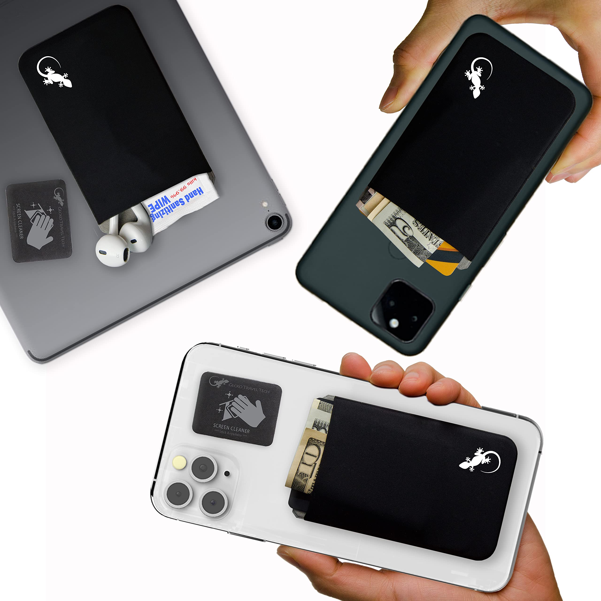 Gecko Travel Tech A Card Holder Phone Wallet Stick on - Credit Card Holders Universal to Any Cell Phone - Black/White