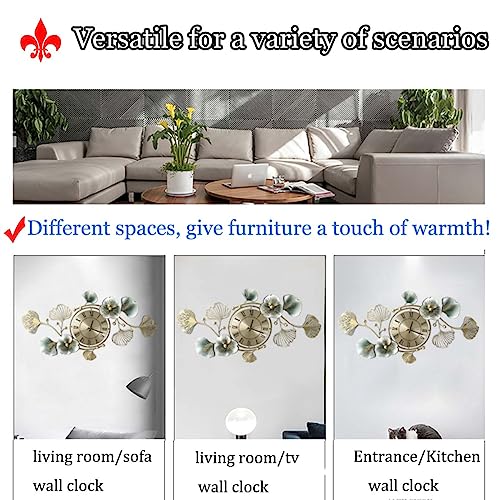 Clock for Living Room,Metal Large Wall Clock for Living Room,Big Clocks for Wall Living Room Ginkgo Leaf Design Wall Clock Silent Non Ticking,33 Inch