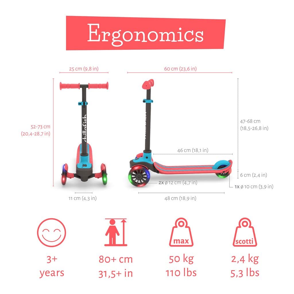 Chillafish Scotti Glow 3-Wheel Lean-to-Steer Scooter with Light-up Wheels, twintip Antislip Deck and Integrated Brake, Adjustable Height Handlebars, Comfy handgrips, for All Ages 3 and up, Red