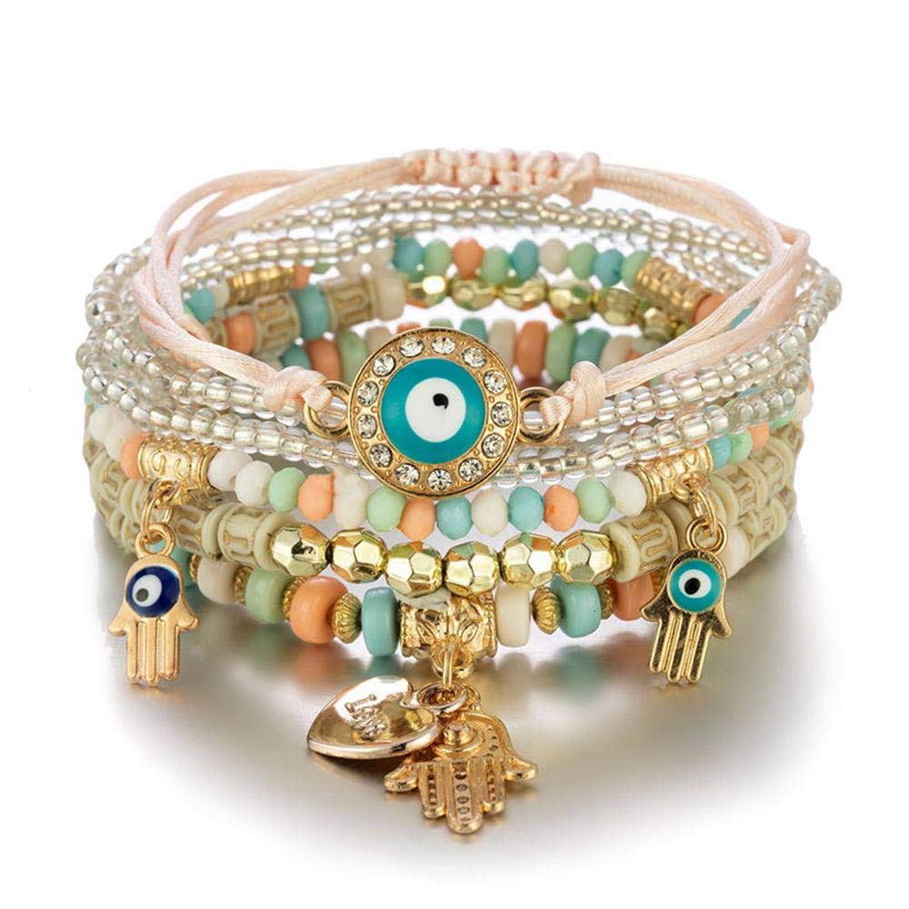 4 Sets Bohemian Stretch Beads Bracelets Multilayer Evil Eye Hamsa Hand Bracelet Boho Charms Stretch Stackable Bracelet Handmade Multicolor Crystal Beaded Lucky Protection Bangles Bracelet Set-4Sets