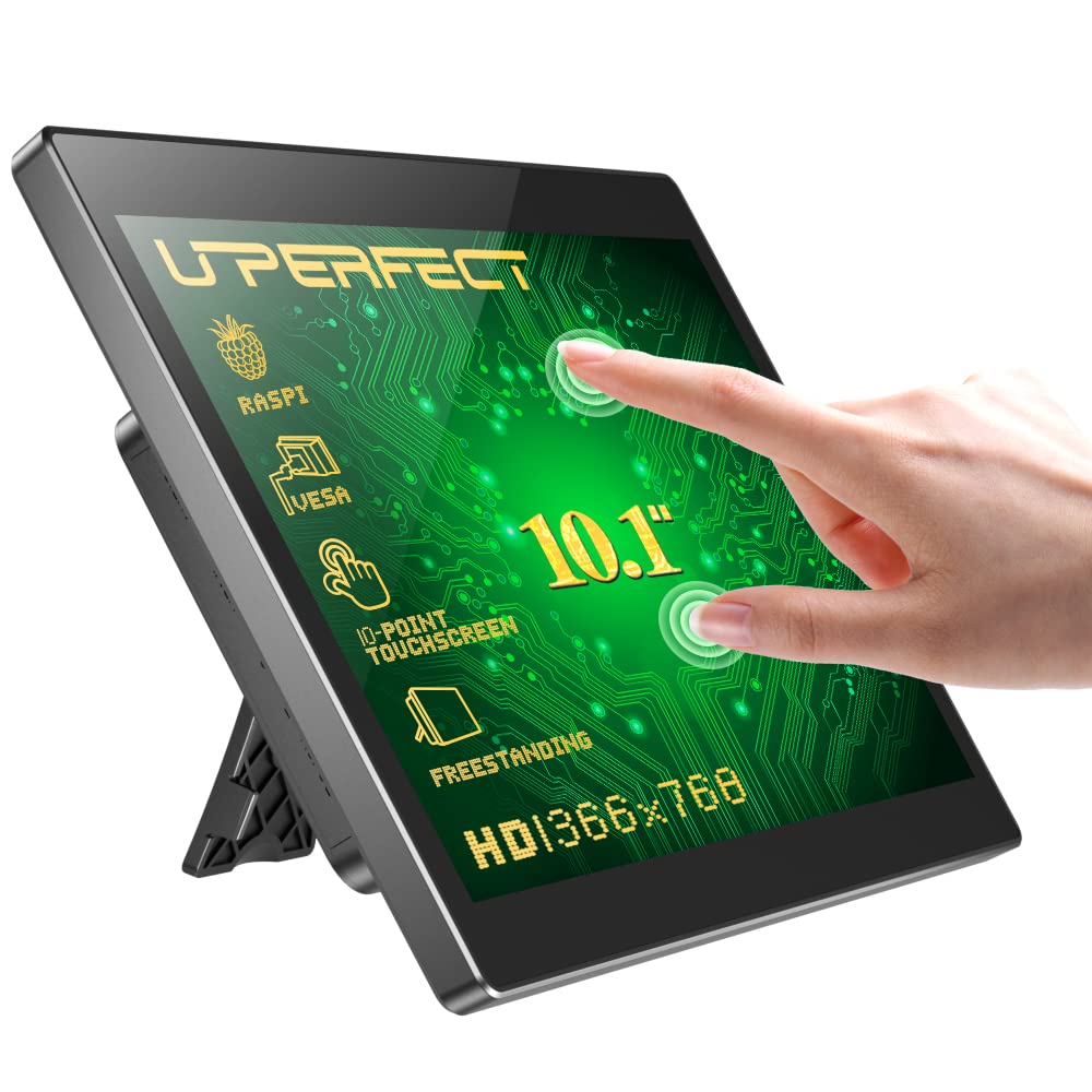 UPERFECT Raspi Touchscreen Monitor with Case & Fan & Stand 10.1’’ 1366 * 768 Ultra Wide 370Nits IPS Screen for Raspi 3/4/4b/5, w/10-Point Touch, VESA, Dual Speakers, Type-C & HDMI Ports