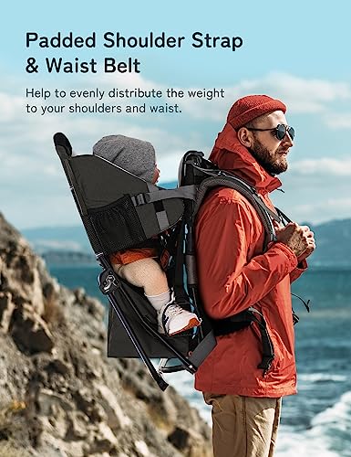besrey Baby Backpack Carrier, Toddler Hiking Backpack with Safety 3-Height Seat, Adjustable Straps&Waist Belt, Foldable Frame Lightweight Large Capacity Child Carrier for Hiking Black
