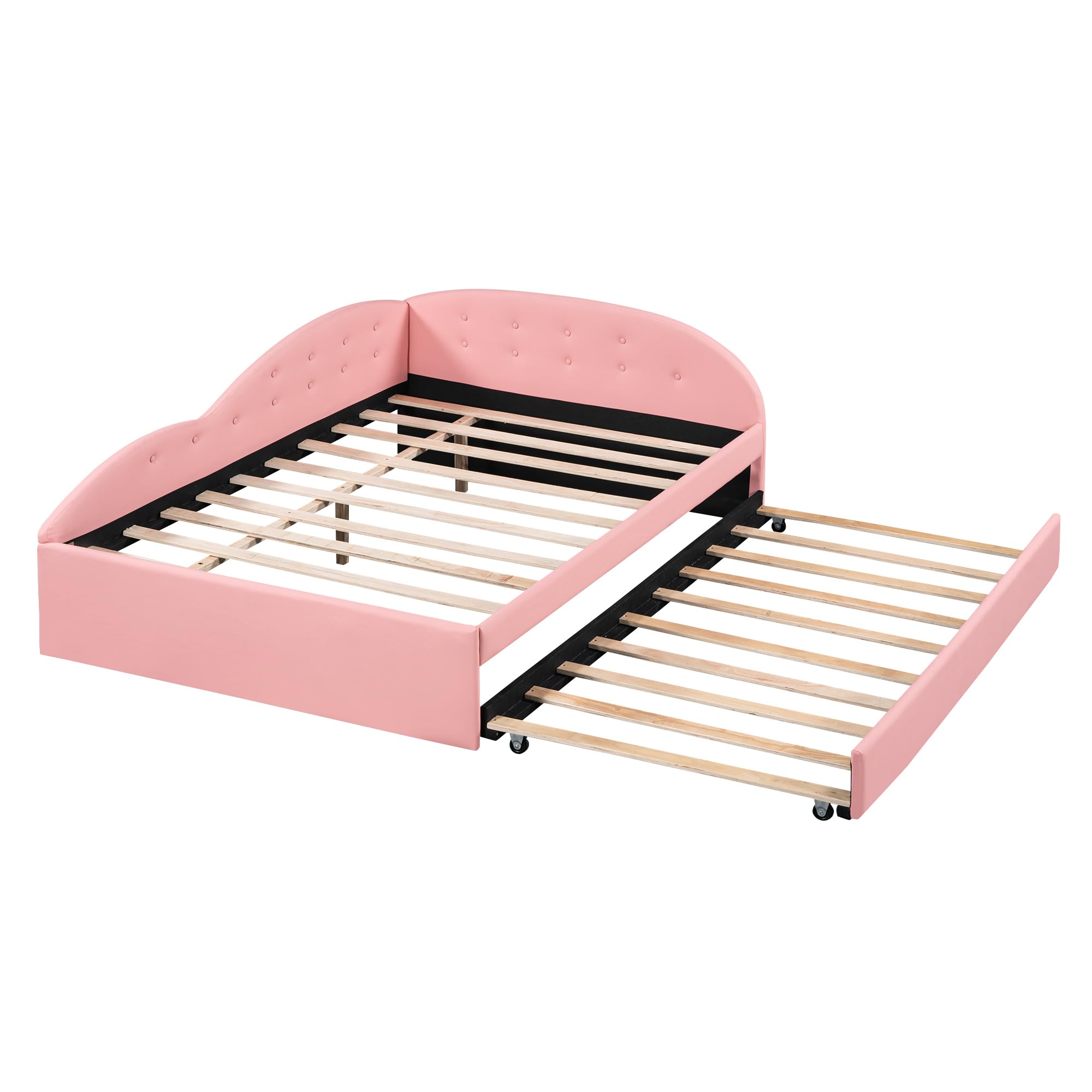 Acosure Full Size PU Upholstered Tufted Daybed with Twin Size Trundle and Cloud Shaped Guardrail,No Box Spring Required,Sofa Bed Frame for Kids Boys Girls Bedroom,Living Room,Pink