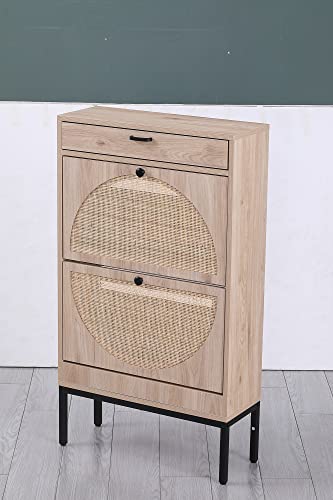 Brafab Shoe Storage Cabinet with 2 Flip Drawers&1 Small Drawer, Slim Entryway Shoe Organizer with Half Round Woven Rattan Doors for Sneakersā¦