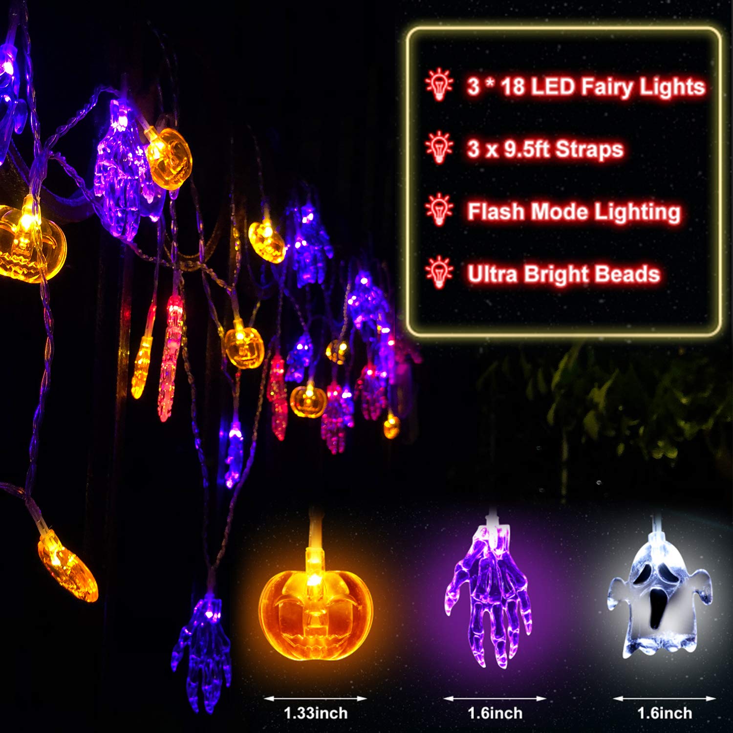 3Pcs Halloween Spooky Decorative String Lights, 9.8ft 54 LED Battery Operated Hand Ghost Pumpkin Party Light String Halloween Decorations for Lawn Porch Door Window Wall Home Garden Halloween Decor