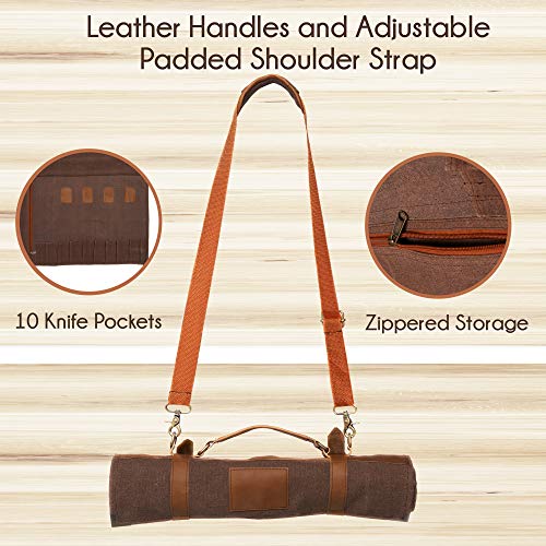 Prechepro (US Based Company Chef Knife Roll Bag With 10 Pockets, Tool Pouch And Leather Card Holder - Chef Knife Bag - Handmade Craftsmanship - Rugged Industrial Quality - Bag Only - No Knives