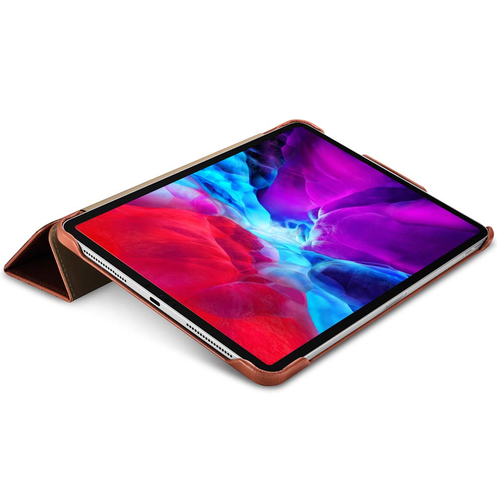 iCarer iPad Pro 11" (2021/2020) Leather Case, Handcraft Vintage Genuine Leather Smart Wake up/ Sleep Tri-fold Stand Folio Flip Case Cover - Brown