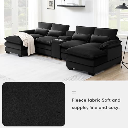 Acosure 123" L Modern U-Shaped Sofa with Double Cushions & 4 Waist Pillows,6-seat Upholstered Symmetrical Sleeper Couch Set W/Chaise & Console,Cupholders & USB Ports,for Living Room,Apartment,Black