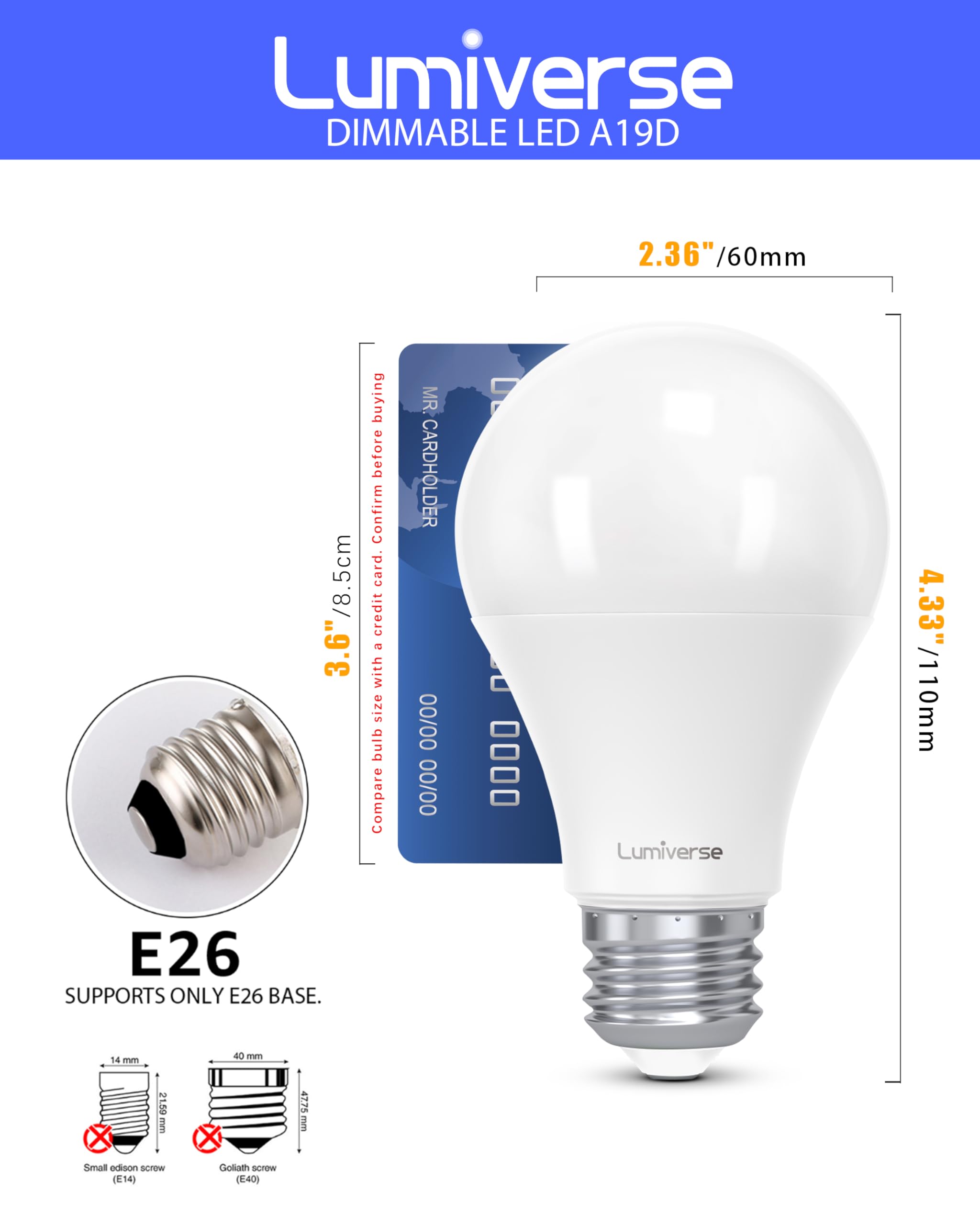 Lumiverse A19 LED Light Bulbs Dimmable, 5000k Daylight White 9.5 Watt [60w Equivalent], E26 LED Bulb Energy Efficient, UL Listed (5000k, Pack of 12)